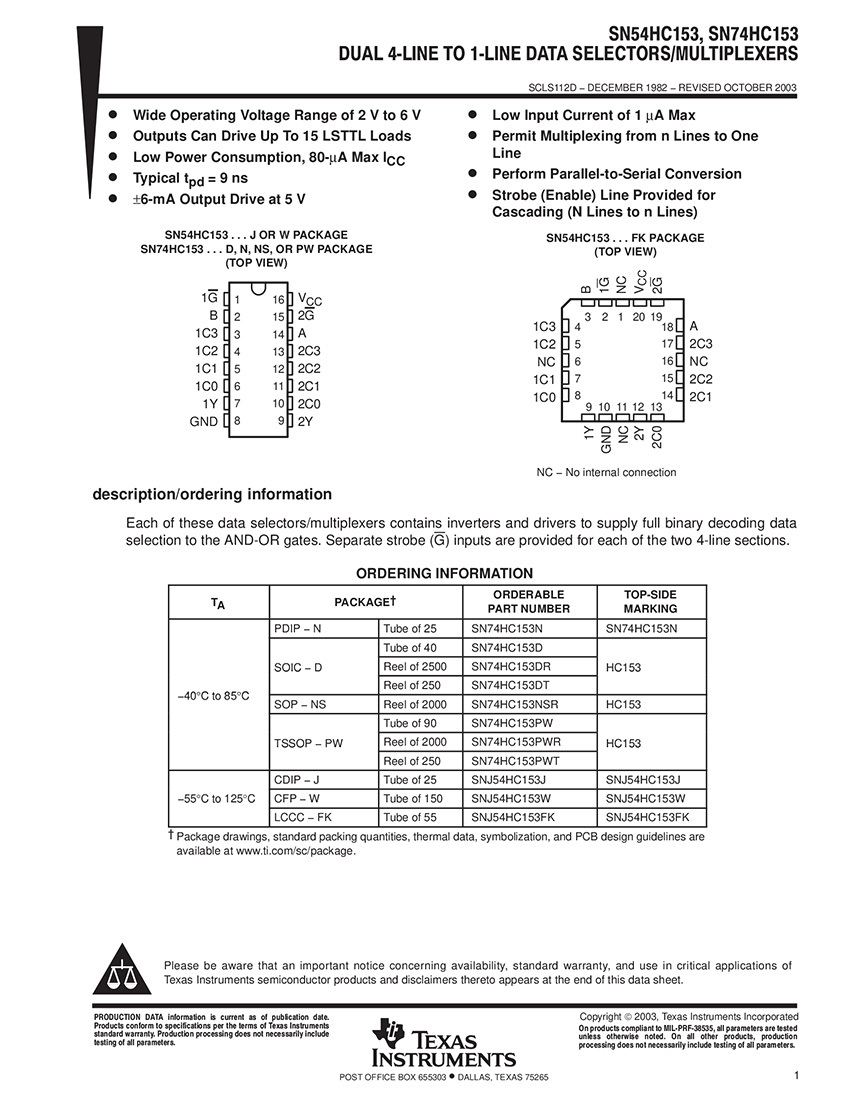 TEXAS INSTRUMENTS SN74HC153N HBM0639 HBM0639